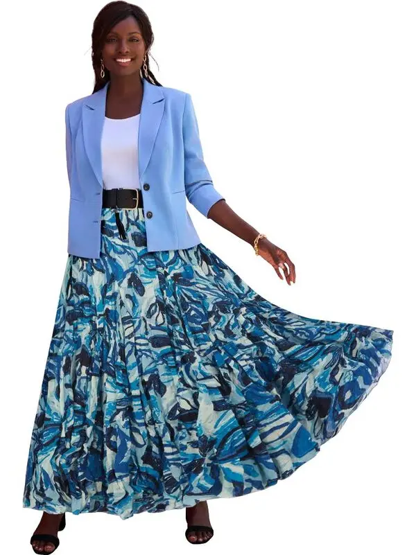 JESSICA LONDON Flowing Crinkled Maxi Skirt - Blue Floral Watercolor