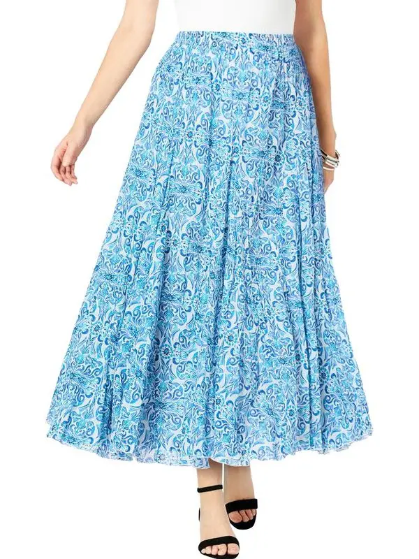 JESSICA LONDON Flowing Crinkled Maxi Skirt - Blue Mosaic Tile