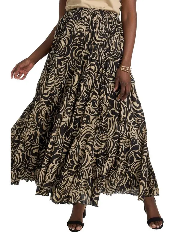 JESSICA LONDON Flowing Crinkled Maxi Skirt - Khaki Black Scroll