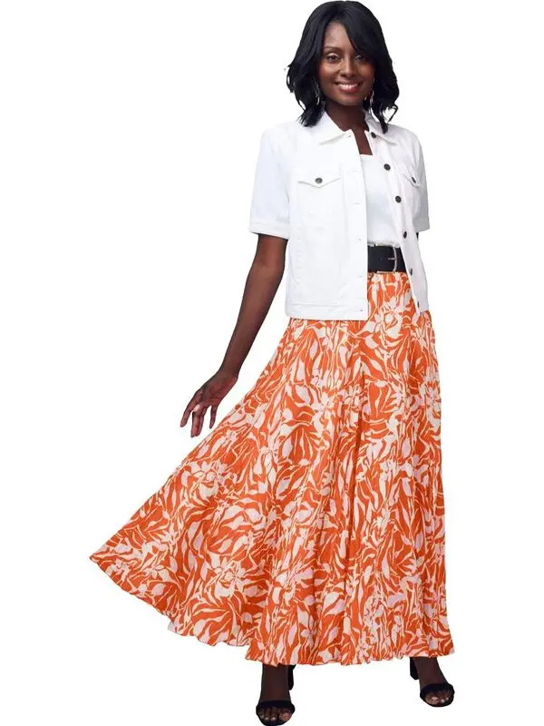 JESSICA LONDON Flowing Crinkled Maxi Skirt - Orange Brushed Tribal