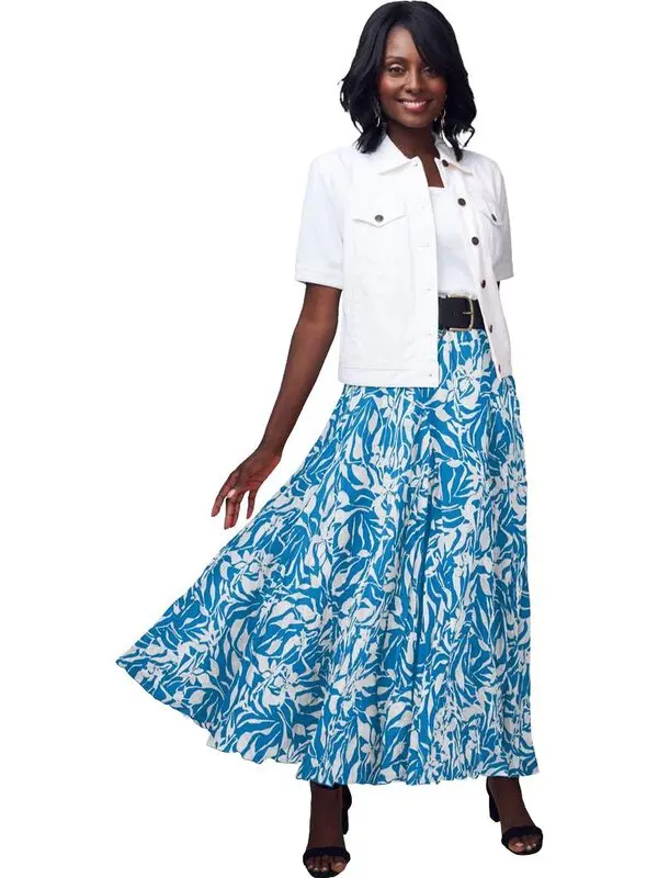 JESSICA LONDON Flowing Crinkled Maxi Skirt - Pool Blue Feather
