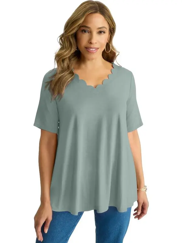 JESSICA LONDON Scalloped V-neck Tunic - Grey Spruce