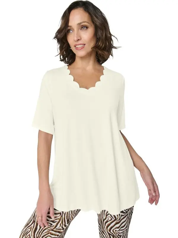 JESSICA LONDON Scalloped V-neck Tunic - Ivory