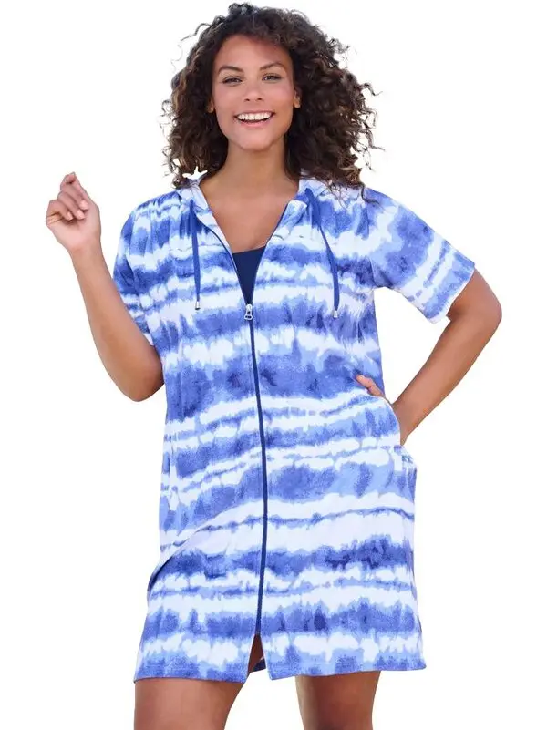 SWIM 365 Hooded Terry Swim Cover Up - Ultra Blue Tie Dye Stripe