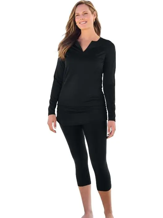 SWIM 365 Split-neck Long Sleeve Swim Tee With Built-in Bra - Black