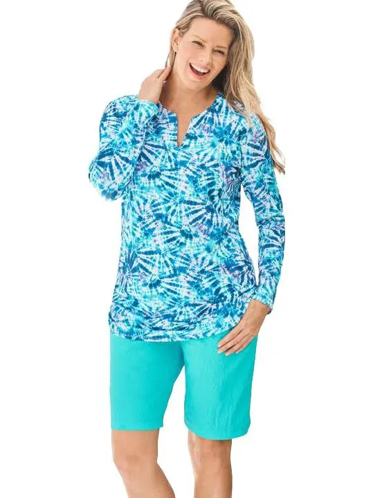 SWIM 365 Long Sleeve Swim Tee With Built-in Bra - Blue Tie Dye Swirl