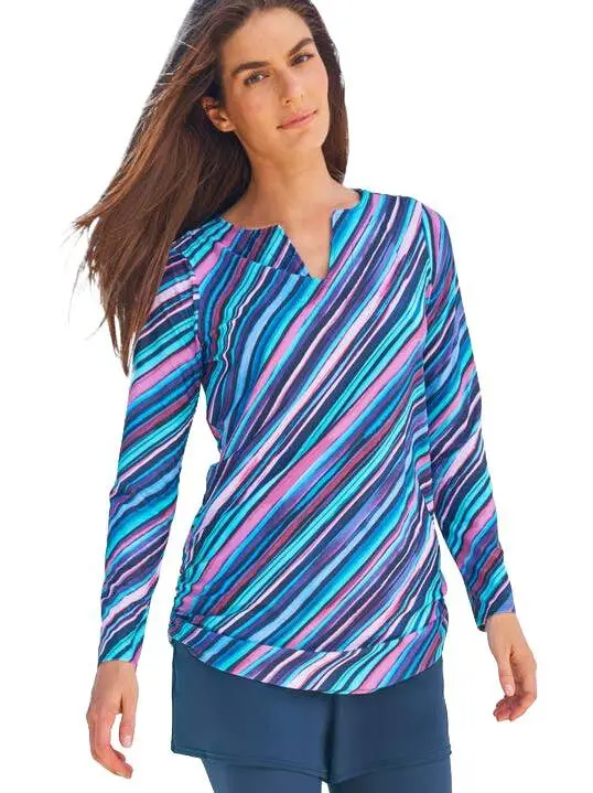 SWIM 365 Split-neck Long Sleeve Swim Tee With Built-in Bra - Multi Watercolor Stripe