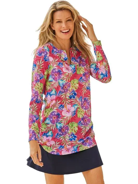 SWIM 365 Long Sleeve Swim Tee With Built-in Bra - Neon Hibiscus