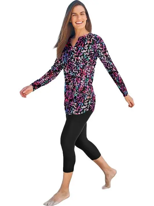 SWIM 365 Split-neck Long Sleeve Swim Tee With Built-in Bra - Party Multi