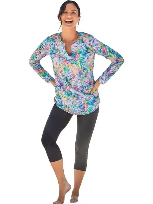 SWIM 365 Split-neck Long Sleeve Swim Tee With Built-in Bra - Rainbow Tie Dye Palm