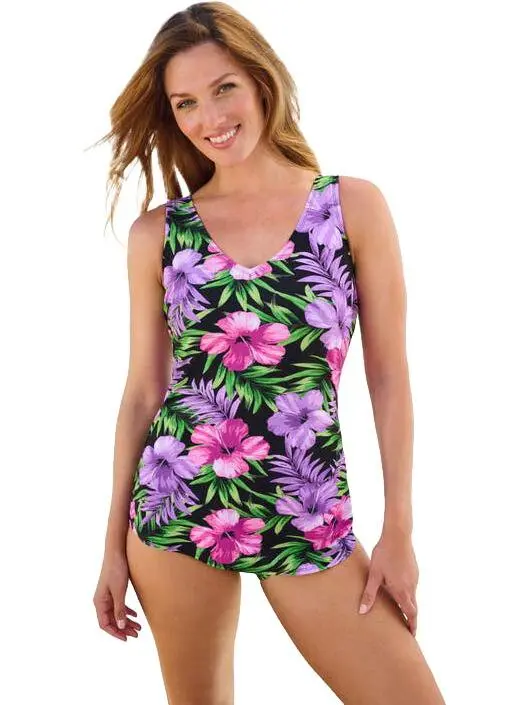 SWIM 365 Sarong V-neck Tummy Control One-piece Swimsuit - Black Multi