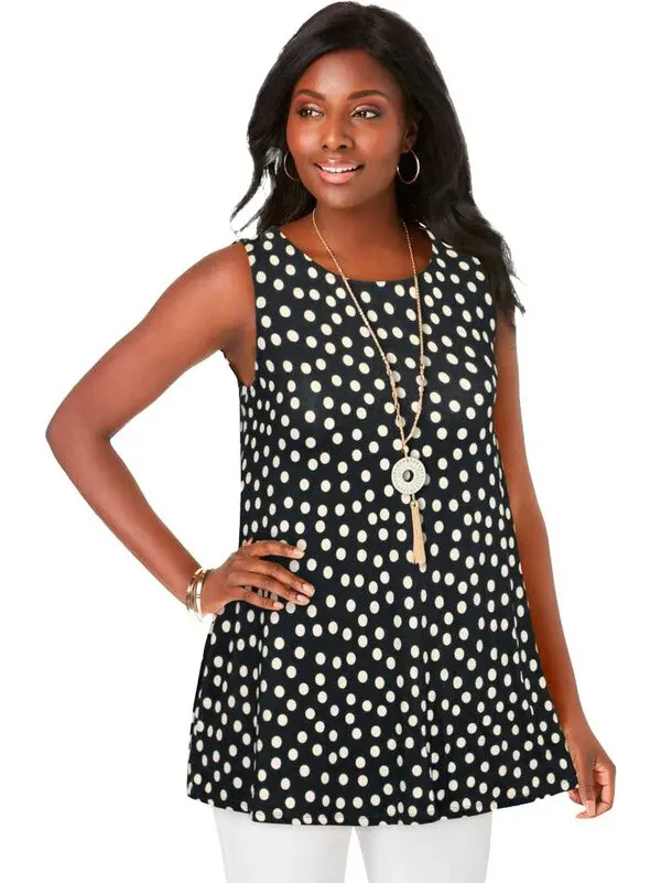 JESSICA LONDON Stretch Knit Sleeveless Swing Tunic - Black Dot