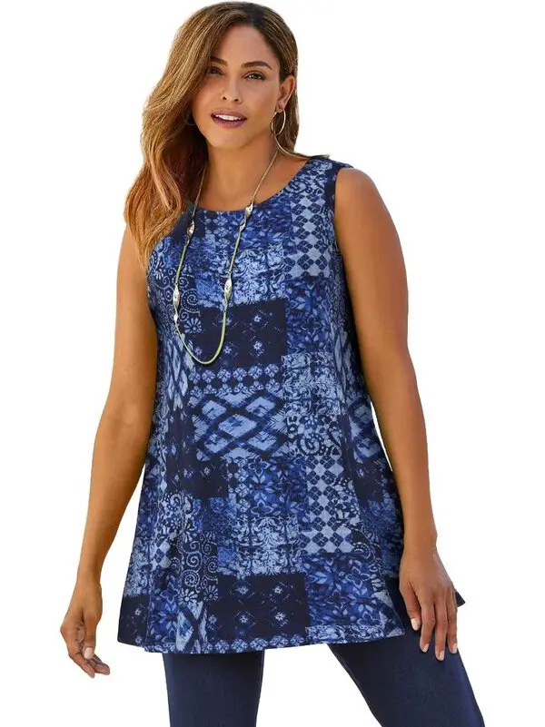 JESSICA LONDON Stretch Knit Sleeveless Swing Tunic - Blue Patchwork