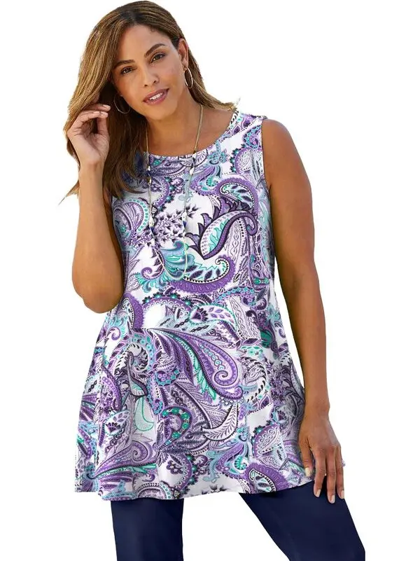 JESSICA LONDON Stretch Knit Sleeveless Swing Tunic - Purple Paisley