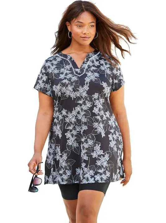 SWIM 365 Swim Tunic Short-sleeve - Black White Stencil Floral