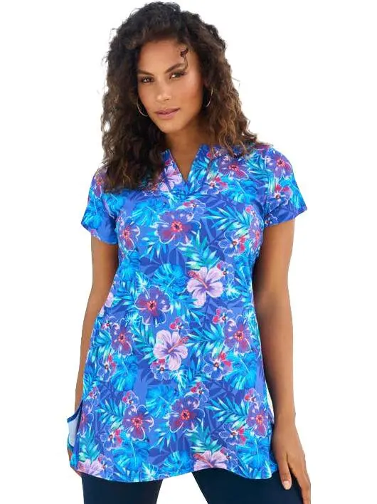 SWIM 365 Longer-length Notch-neck Short-sleeve Swim Tunic - Electric Iris Hibiscus