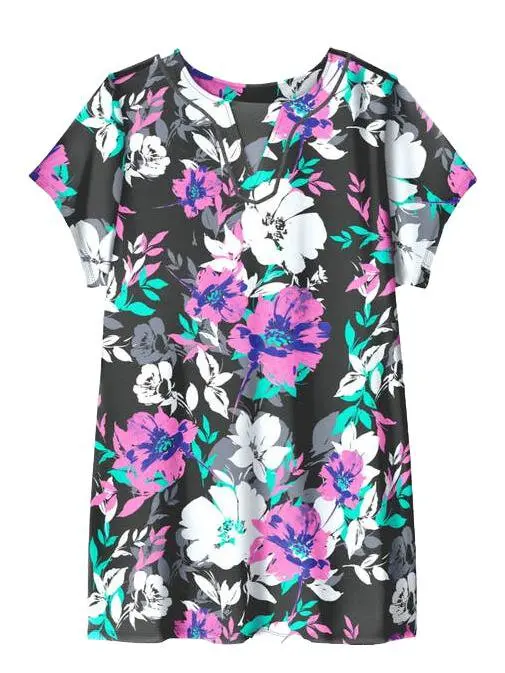 SWIM 365 Longer Length Short-sleeve Swim Tunic - Pink Graphic Peony