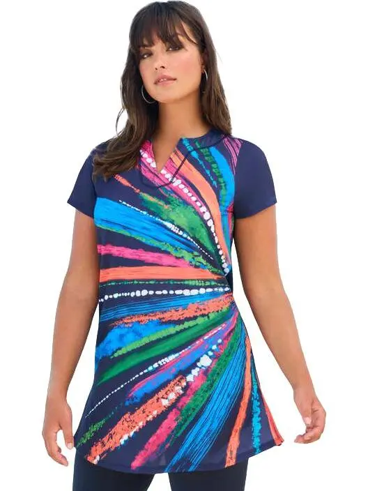 SWIM 365 Longer-length Notch-neck Short-sleeve Swim Tunic - Rainbow Starburst
