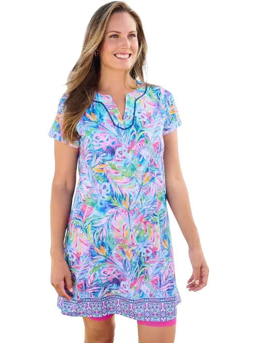 SWIM 365 Longer-length Notch-neck Short-sleeve Swim Tunic - Rainbow Tie Dye Palm