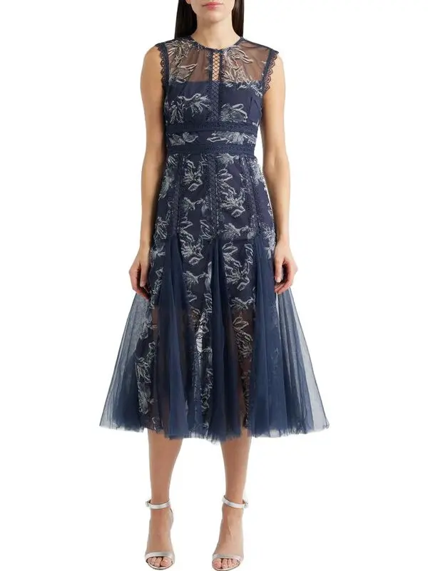 AROSE STUDIO Serenity Floral Jacquard Godet Pleat Midi Dress - Navy