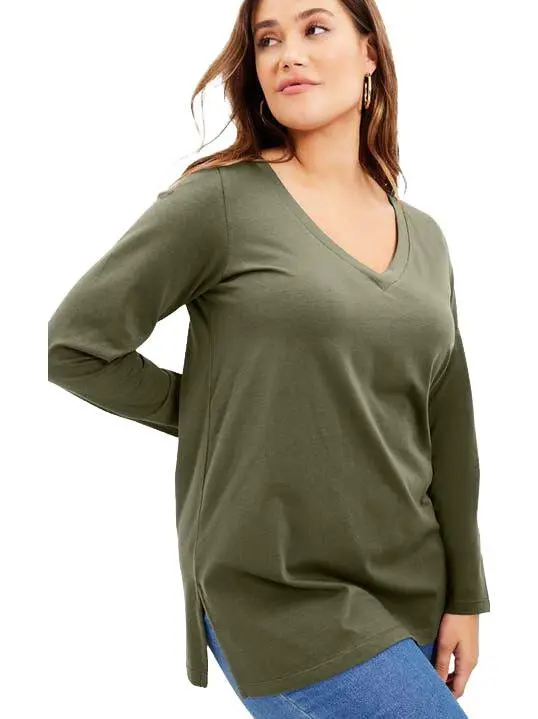 JUNE + VIE Long-sleeve V-neck Tunic - Dark Olive Green