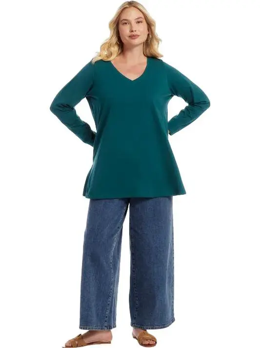 JUNE + VIE Long-sleeve V-neck Tunic - Green Heron