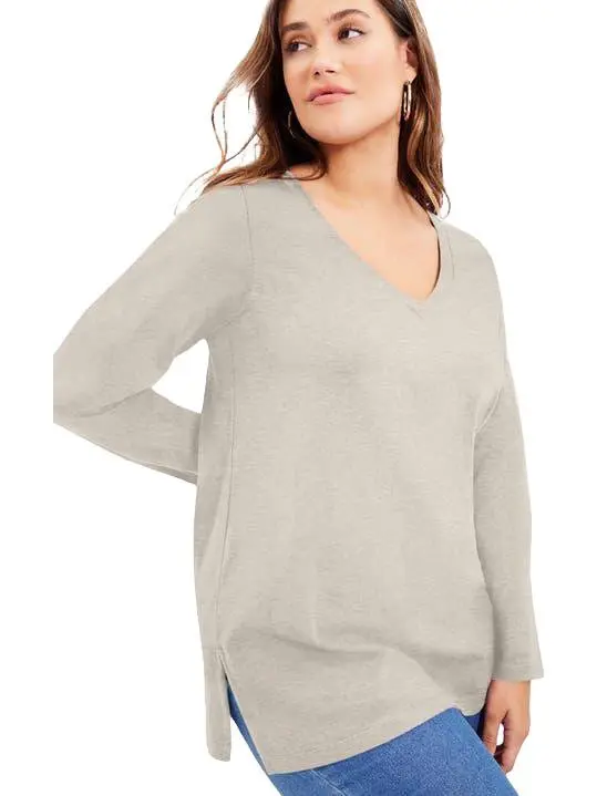 JUNE + VIE Long-sleeve V-neck Tunic - Heather Oatmeal