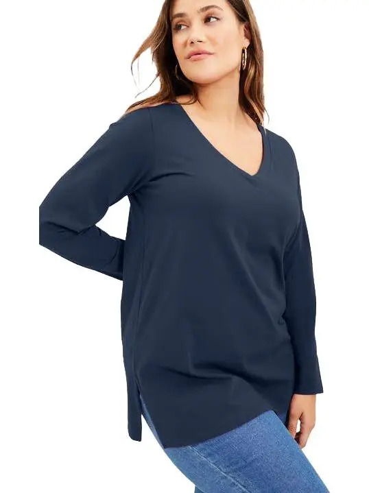 JUNE + VIE Long-sleeve V-neck Tunic - Navy