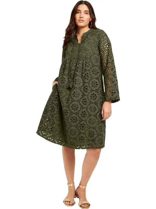 JUNE + VIE Eyelet Shirtdress - Dark Olive Green