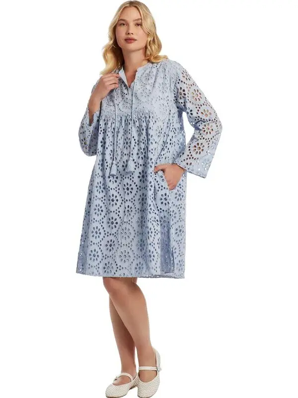 JUNE + VIE Eyelet Midi Shirtdress - Zen Blue