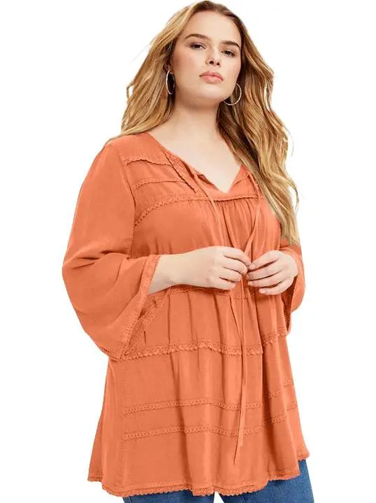 JUNE + VIE Acid Wash Peasant Blouse - Dusty Orange