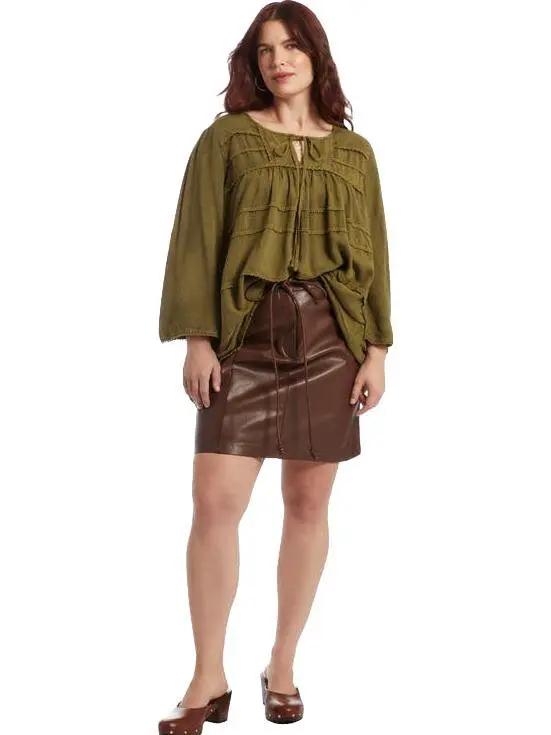 JUNE + VIE Acid Wash Peasant Blouse - Forest Moss