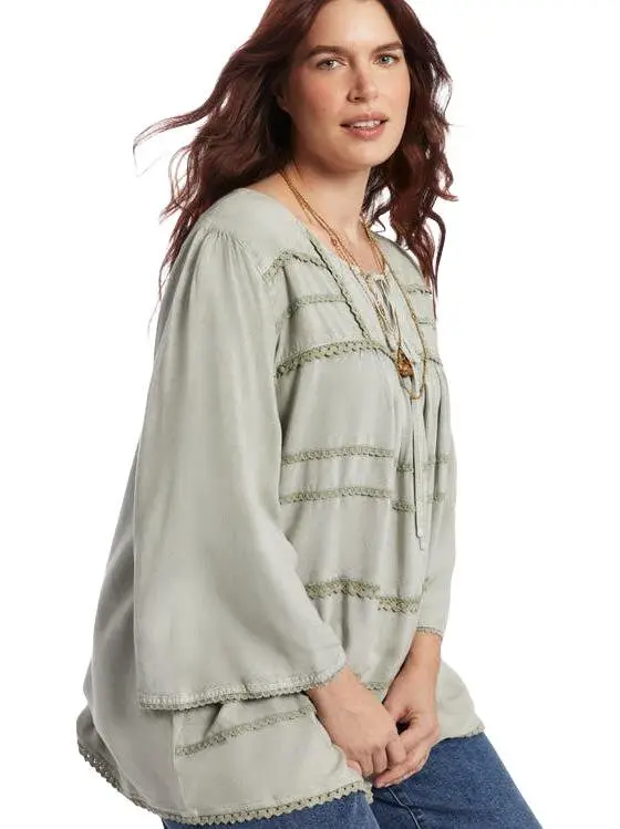 JUNE + VIE Acid Wash Peasant Blouse - Slate