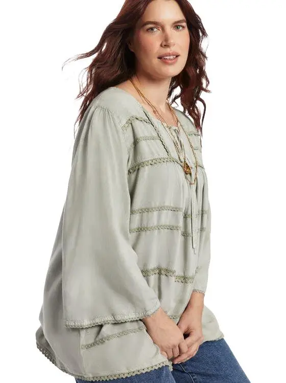 JUNE + VIE Acid Wash Tie Neck Peasant Blouse - Slate
