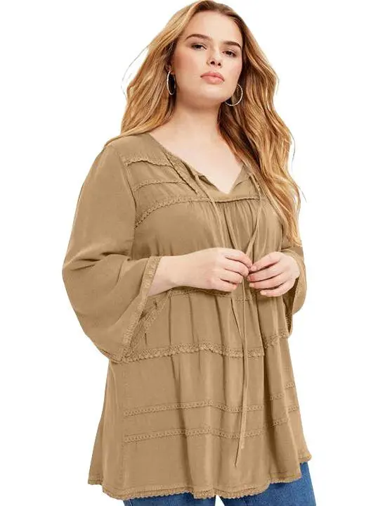 JUNE + VIE Acid Wash Peasant Blouse - Soft Camel