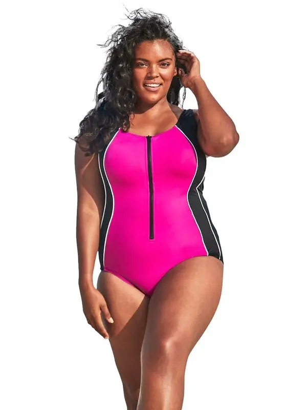 SWIM 365 Zip-front One-piece Swimsuit With Tummy Control - Fuchsia White Black