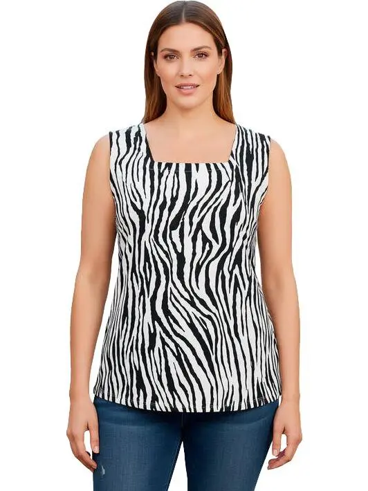 JESSICA LONDON Stretch Cotton Square Neck Tank - Black Zebra