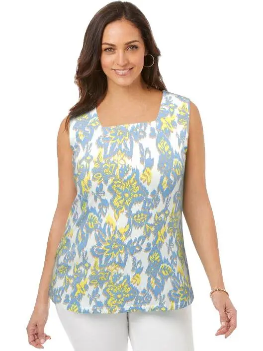 JESSICA LONDON Stretch Cotton Square Neck Tank - Blue Ikat Floral