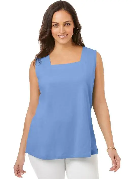 JESSICA LONDON Stretch Cotton Square Neck Tank - French Blue