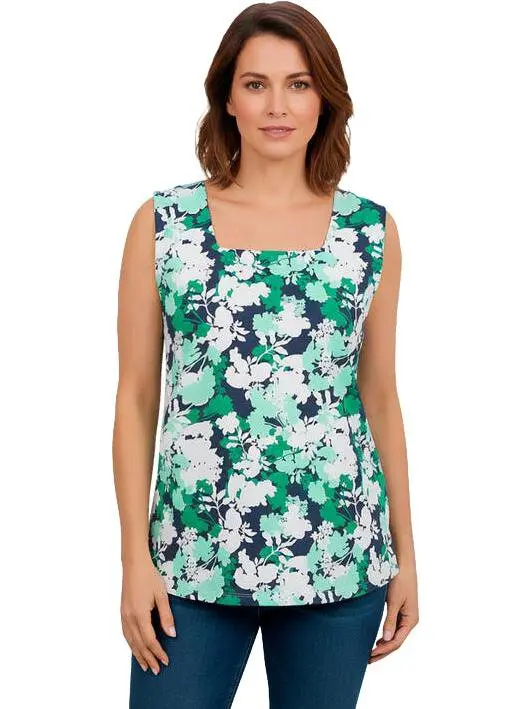 JESSICA LONDON Stretch Cotton Square Neck Tank - Green Bold Floral