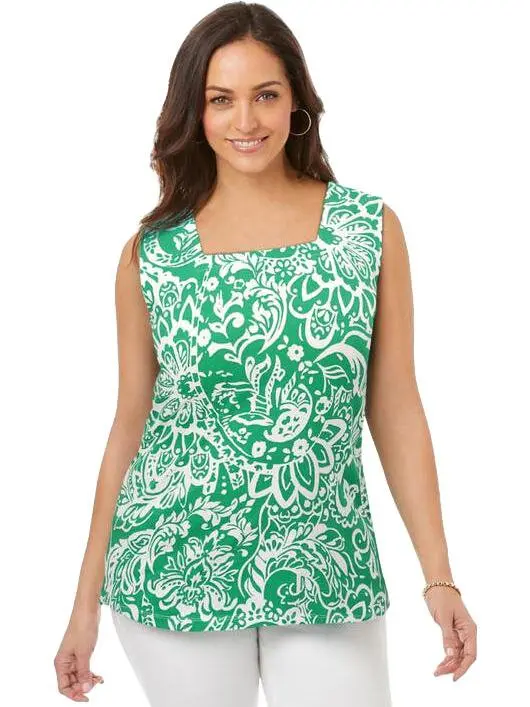 JESSICA LONDON Stretch Cotton Square Neck Tank - Green Scroll Medallion