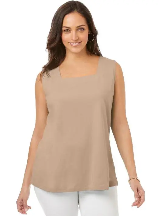 JESSICA LONDON Stretch Cotton Square Neck Tank - New Khaki