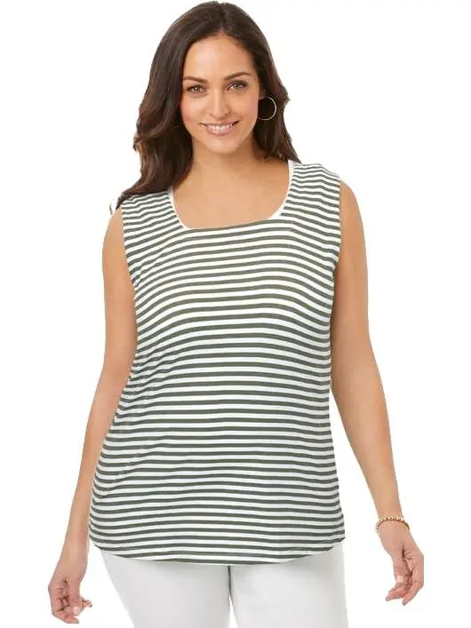JESSICA LONDON Stretch Cotton Square Neck Tank - Olive Green Feeder Striped