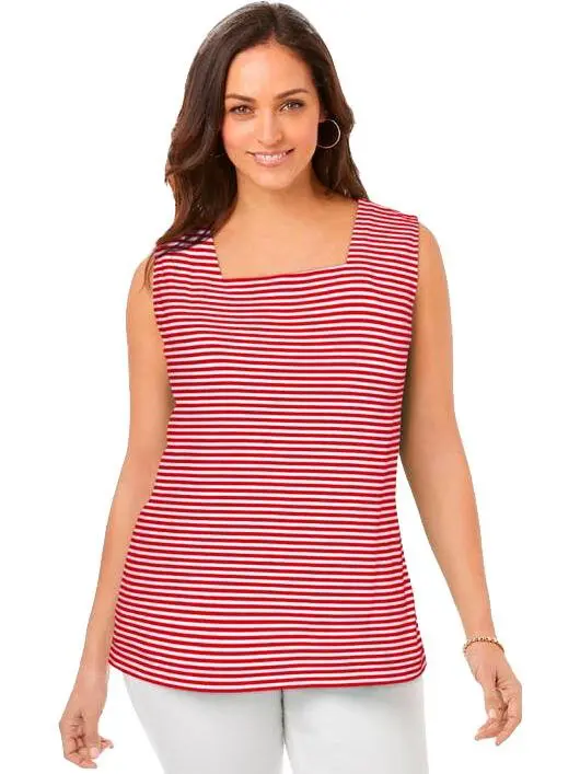 JESSICA LONDON Stretch Cotton Square Neck Tank - Vivid Red Feeder Stripe