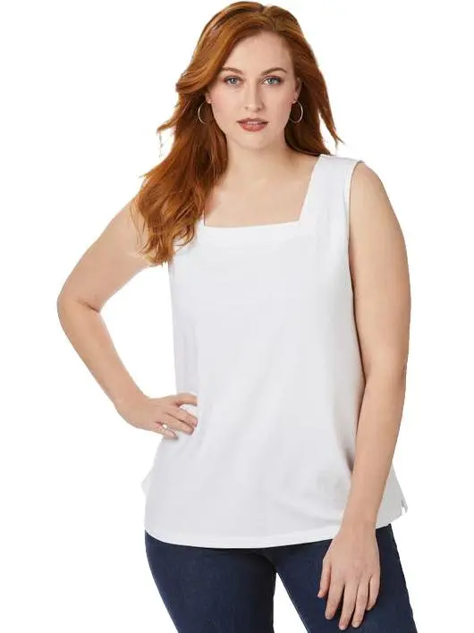 JESSICA LONDON Stretch Cotton Square Neck Tank - White