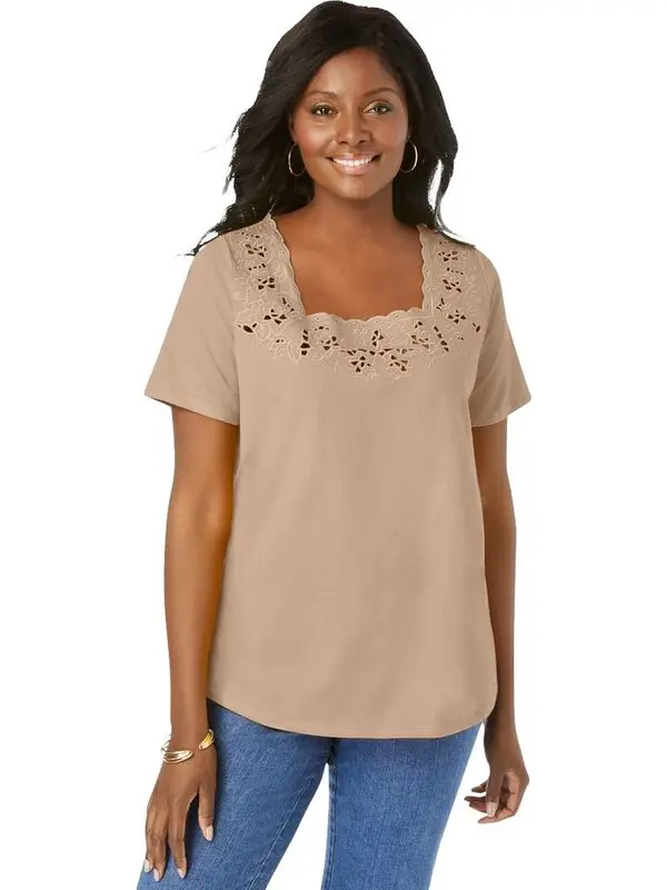 JESSICA LONDON Stretch Cotton Eyelet Cutout Tee - New Khaki