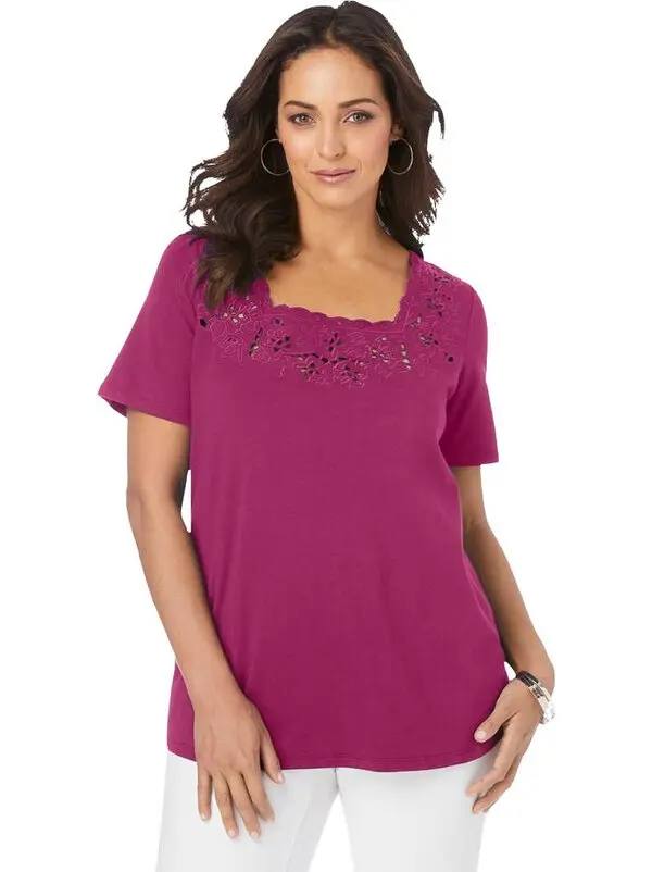 JESSICA LONDON Stretch Cotton Eyelet Cutout Tee - Raspberry