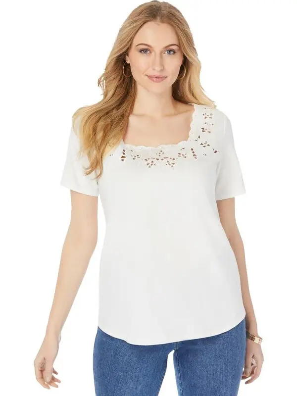 JESSICA LONDON Stretch Cotton Eyelet Cutout Tee - White