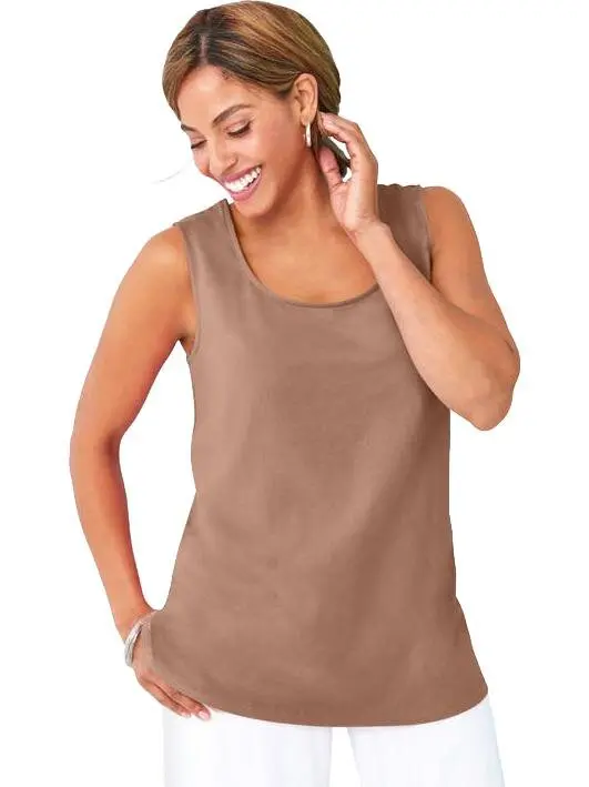 JESSICA LONDON Stretch Cotton Horseshoe Neck Tank - Creamy Mocha
