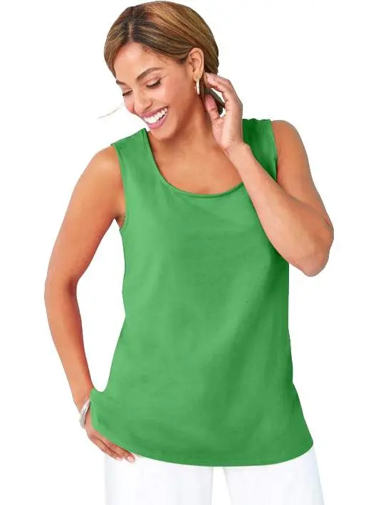 JESSICA LONDON Stretch Cotton Horseshoe Neck Tank - Grass